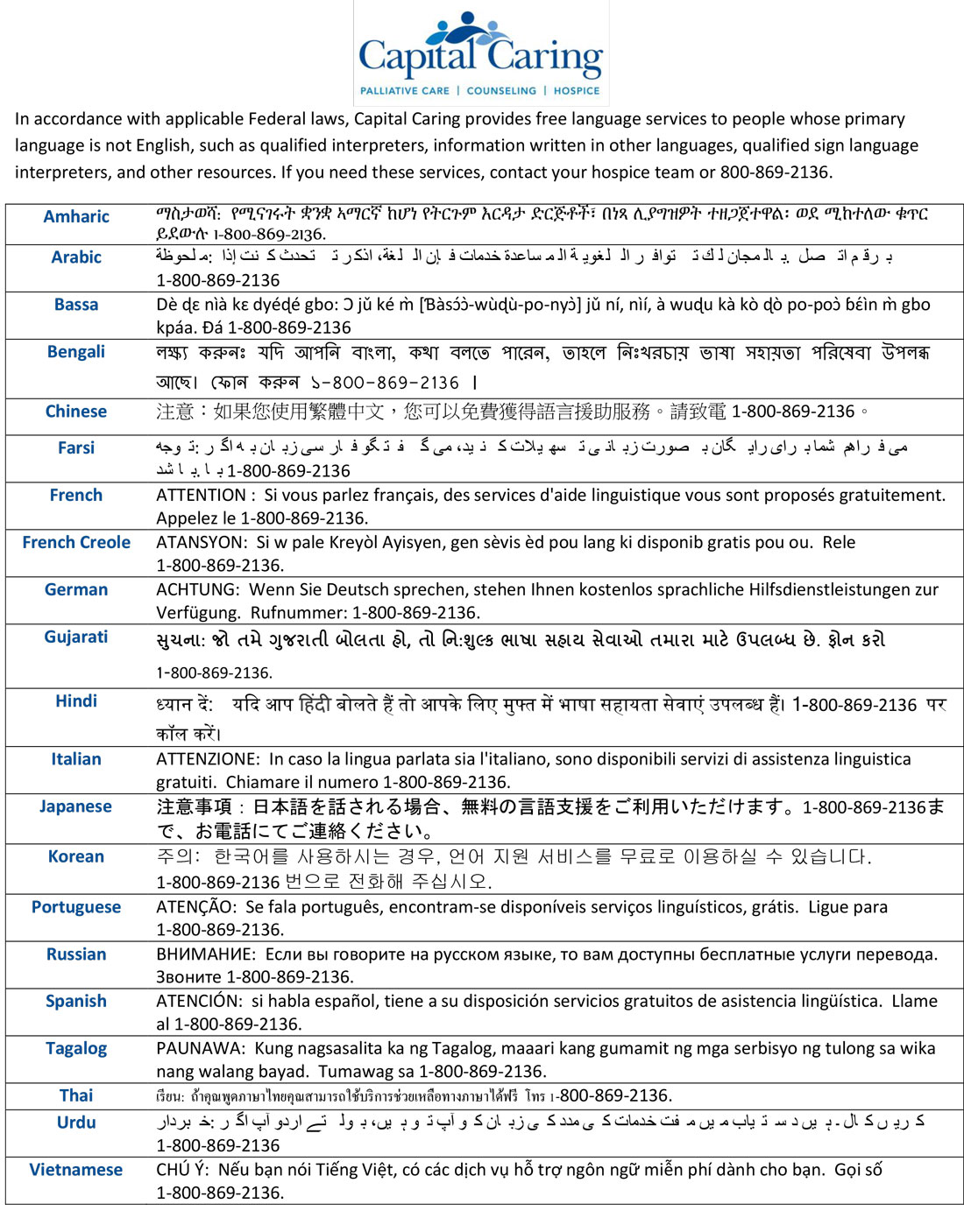 Notice of Non-Discrimination | Capital Caring